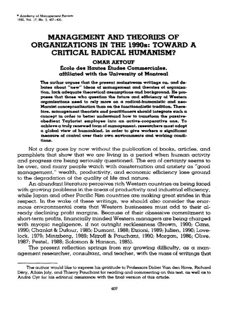 Aktouf Omar Management And Theories Of Organizations Pdf Theory Marxs Theory Of Alienation