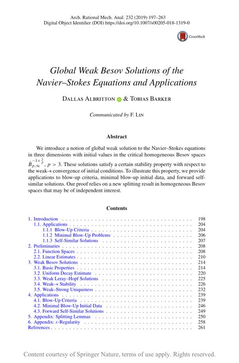 Global Weak Besov Solutions Of The Navier Stokes Equations And Applications Request Pdf