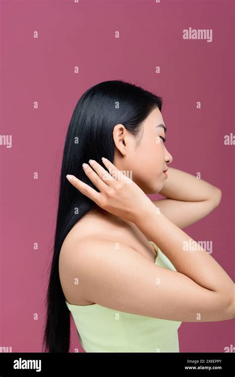 Beautiful Woman Touch Her Health Long Straight Hair Care With Smile