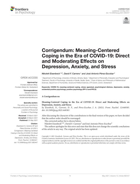 Pdf Corrigendum Meaning Centered Coping In The Era Of Covid 19