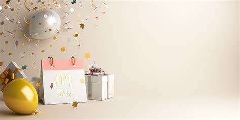 새해 복 설 날 디자인 창조적 인 개념 1 월 1 일 달력 금흰색 풍선 선물 상자 그라데이션 배경에 반짝이는 색종이 공백 텍스트