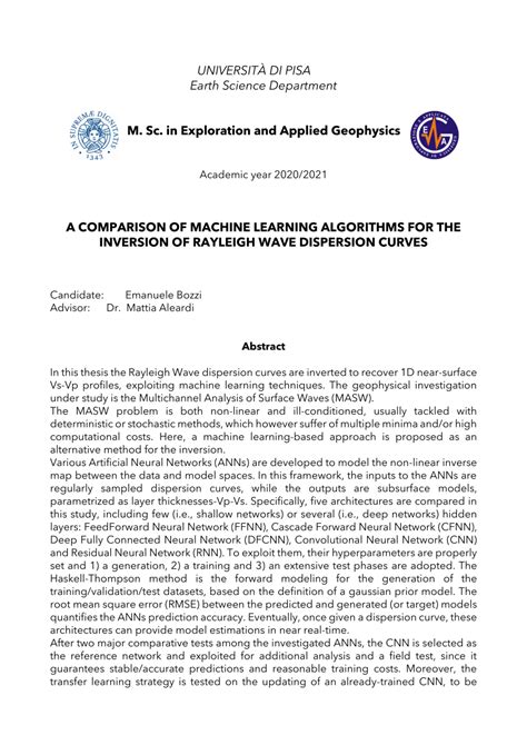 Pdf M Sc Thesis A Comparison Of Machine Learning Algorithms For The Inversion Of Rayleigh