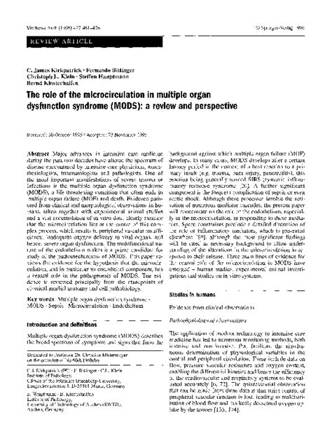 Pdf The Role Of The Microcirculation In Multiple Organ Dysfunction Syndrome Mods A Review
