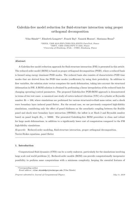 Pdf Galerkin Free Model Reduction For Fluid Structure Interaction Using Proper Orthogonal