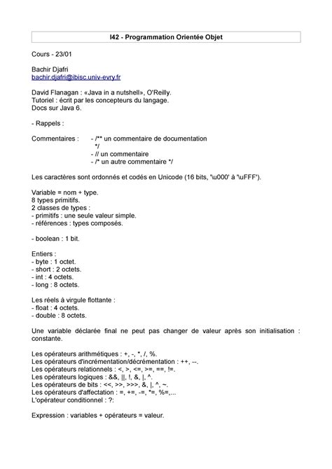 I42 Cours 23 01 I42 Programmation Orientée Objet Cours 23 Bachir