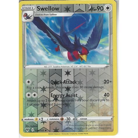 Pokemon Trading Card Game 134 185 Swellow Uncommon Reverse Holo Card