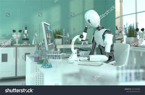 humanoid robot laboratory works microscope scientific stock
