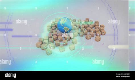 Image Of Data Processing Over Globe And Cardboard Boxes Stock Photo Alamy