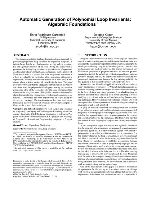 Pdf Automatic Generation Of Polynomial Loop Invariants Algebraic