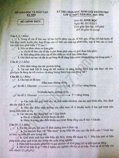 Đề Thi đáp án đề Thi Học Sinh Giỏi Môn Sinh Học Lớp 12 Thành Phố Hà