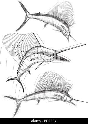 Ilustración de un pez vela peces saltando con botes de pesca en el