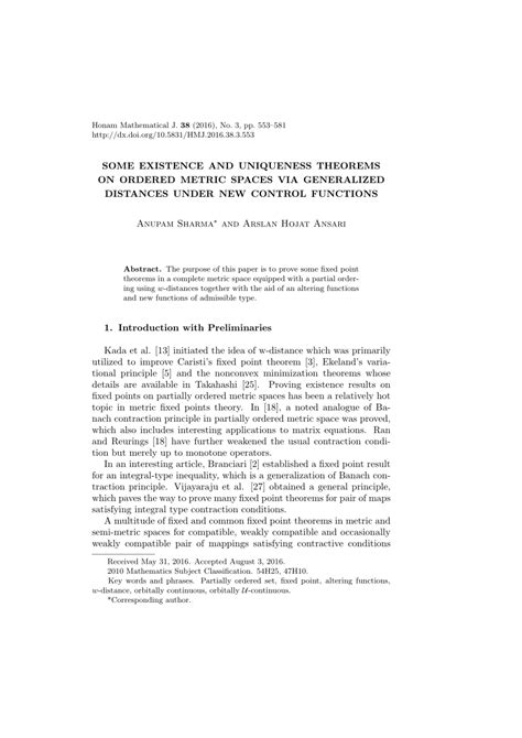 Pdf Some Existence And Uniqueness Theorems On Ordered Metric Spaces Via Generalized Distances