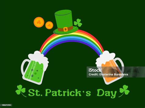 성 패트릭의 날에 대 한 벡터 인사말 카드 또는 포스터 템플릿 와 무지개와 Leprechaun 모자의 이미지 맥주 잔과 금화