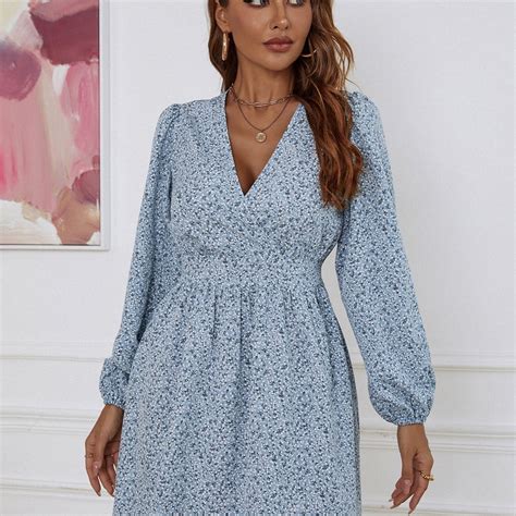 Casual Floral Print Dress Boho Long Sleeve Wrap V Neck Waist Fall