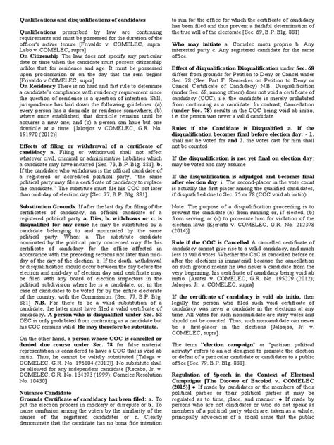 Qualifications And Disqualifications Of Candidates Pdf Elections