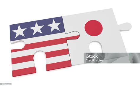 미국 일본 파트너십 개념 미국 국기와 일본 국기 퍼즐 조각 3d 그림을 흰색 배경에 고립 미국에 대한 스톡 사진 및 기타 이미지