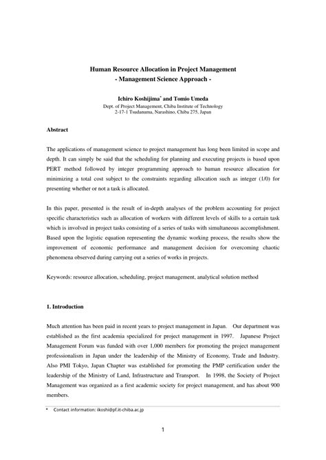 Pdf Human Resource Allocation In Project Management Management Science Approach
