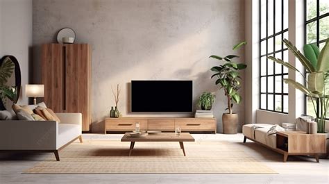 나무 캐비닛과 대형 스크린 Tv 3d 렌더가 있는 로프트 스타일의 거실 Tv 세트 Tv 룸 Tv 스탠드 배경 일러스트 및