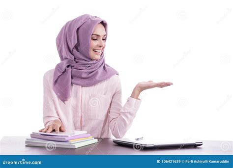Beautiful College Student Wearing Hijab Presenting Copy Space Stock