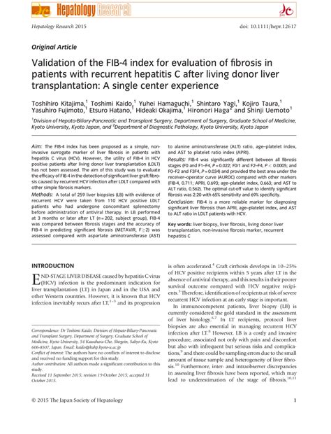 Pdf Validation Of The Fib 4 Index For Evaluation Of Fibrosis In