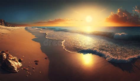 Sunset Over The Ocean Waves Crashing On Sand Generative Ai Stock