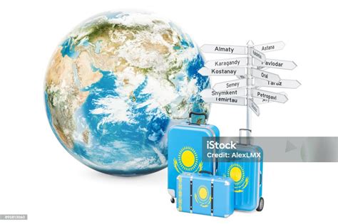카자흐스탄 여행 개념입니다 이정표와 지구 지구 가방 3d 렌더링 3차원 형태에 대한 스톡 사진 및 기타 이미지 3차원 형태 개념 개념과 주제 Istock