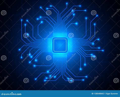 CPU Chip On Blue Background Microprocessor With Bright Connections