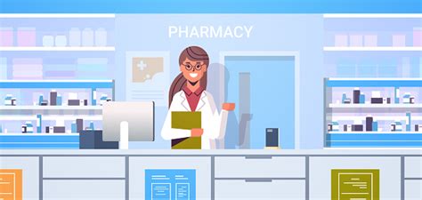 女醫生藥劑師與剪貼簿站在藥房櫃檯現代藥店內部醫療保健概念水準肖像向量圖形及更多交易員圖片 交易員 人 健保和醫療 Istock