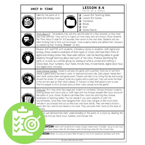 Lucky To Learn Math 1st Lesson 84 Parts Of A Clock Lesson Plan