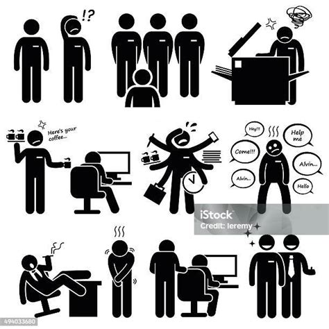 인턴 학생 인턴 신규 직원 직원이 사무실 근무환경의 그림 문자 아이콘에 대한 스톡 벡터 아트 및 기타 이미지 아이콘 괴롭힘 일함 Istock