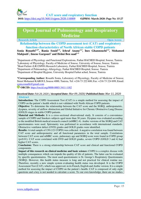 Pdf Relationship Between The Copd Assessment Test Cat And Respiratory Function