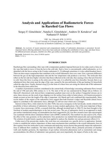 Analysis And Applications Of Radiometeric Forces In Rarefied Gas