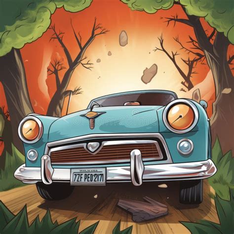 Detailed Comic Book Art Car Driving In The Forest Stock Illustration