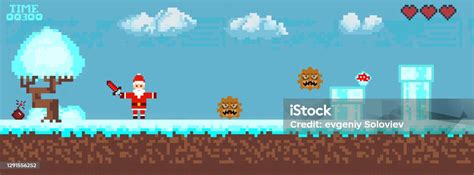 컴퓨터 픽셀 게임 인터페이스 산타 클로스 캐릭터 8 비트 보기 비디오 게임에서 영웅 전투 눈이 있는 픽셀 겨울 비디오 게임에