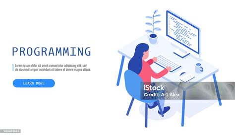 프로그래밍 개념 직장에서 여성 프로그래머 웹 배너 벡터 일러스트레이션 N 사람들에 대한 스톡 벡터 아트 및 기타 이미지