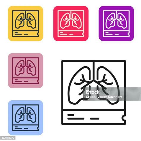 흰색 배경에서 격리된 블랙 라인 Lungs Xray 진단 아이콘입니다 폐의 스냅 샷 색상 정사각형 단추로 아이콘을 설정합니다