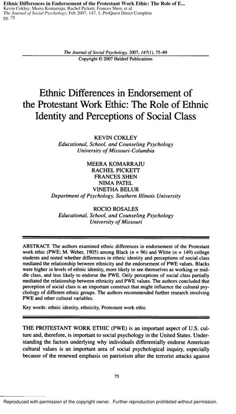 Pdf Ethnic Differences In Endorsement Of The Protestant Work Ethic