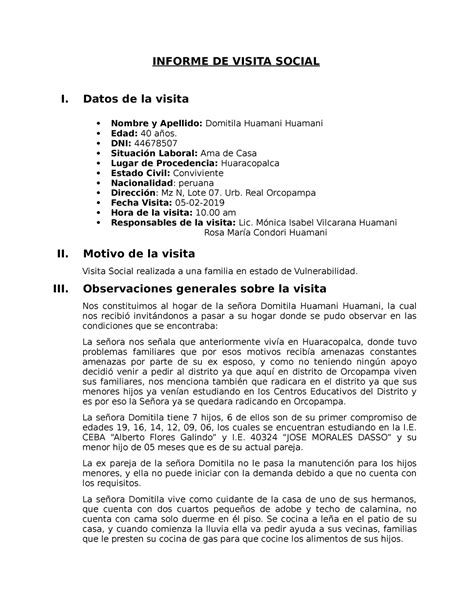 Informe De Visita Social Usuarios De Demuna Informe De Visita Social