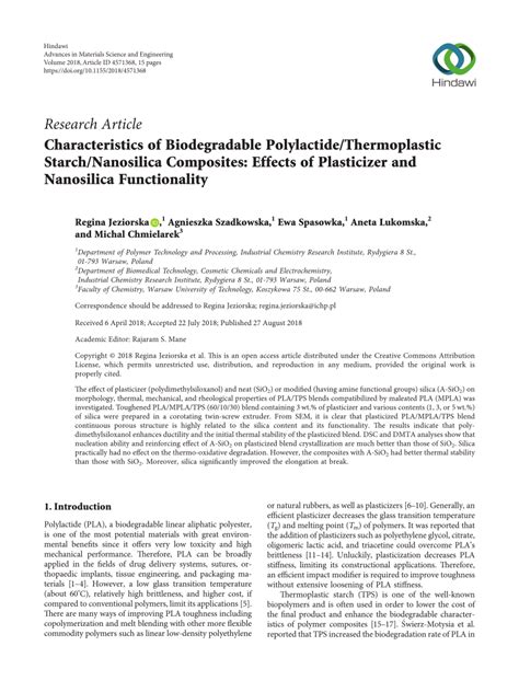 Pdf Characteristics Of Biodegradable Polylactidethermoplastic Starchnanosilica Composites