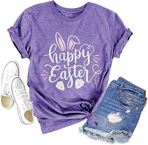Happy Easter Shirts For Women Cute Rabbit Graphic Tees Casual Short Sleeve Tops Easter