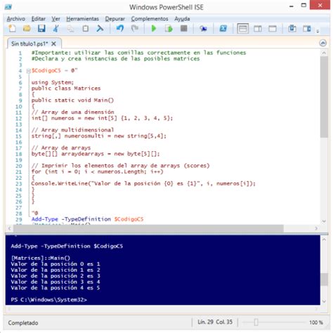 Tutorial C con PowerShell utilización de matrices Operating systems scripting PowerShell
