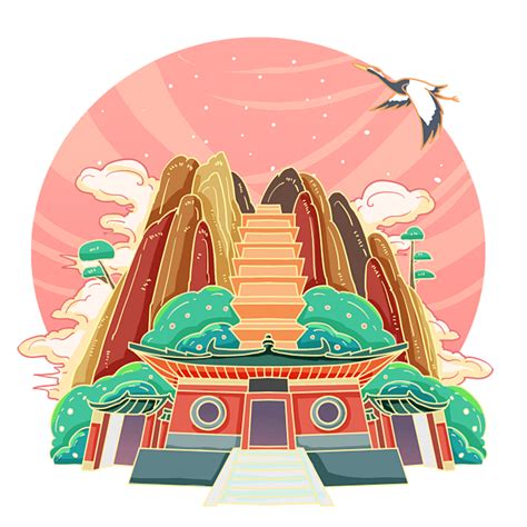 国风PNG素材红日山峰门