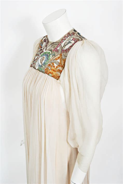 1968 Madame Grès Haute Couture Beaded Embroidered Ivory Sheer Silk