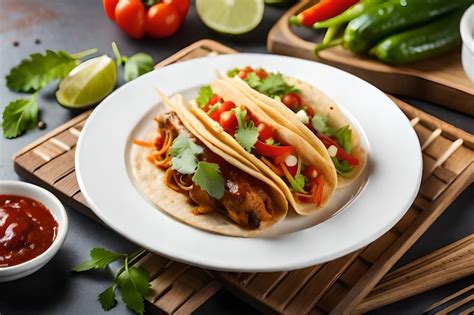 Un plato de tacos con un montón de verduras al lado Foto Premium