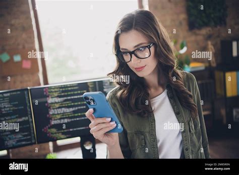 Photo Of Serious Confident Clever Lady Use Telephone Read Proposition