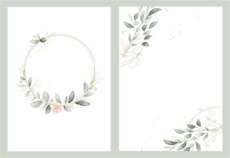 두 장의 축하를 위한 수채화 템플릿 녹색과 금색 잎과 분홍색 꽃의 귀여운 화환과 패턴으로 채워진 모서리가 있는 페이지 개체 그룹에 대한 스톡 벡터 아트 및 기타 이미지