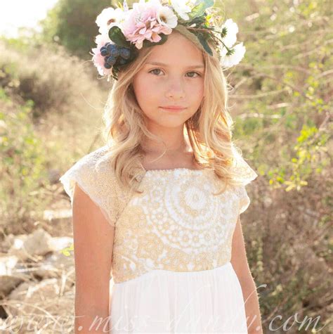 Rustic Flower Girl Dress Boho Gold Embroidery Tulle Flower Etsy