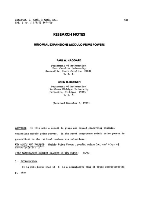 Pdf Binomial Expansions Modulo Prime Powers