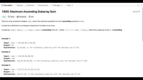 Maximum Ascending Subarray Sum Leetcode 1800 Youtube