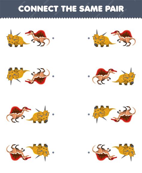 어린이를 위한 교육 게임은 귀여운 만화 제노케라톱스와 스피노사우루스 쌍 인쇄 가능한 착용 가능한 선사 시대 공룡 워크시트의 동일한 그림을 연결합니다 프리미엄 벡터